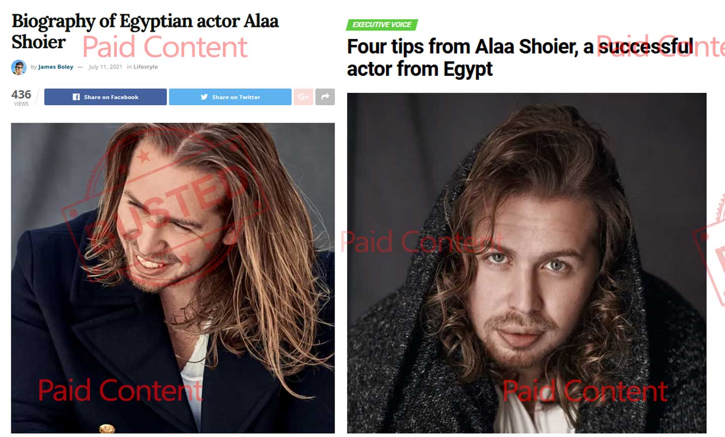 Alaa Shoier, Egyptian Actor & Fake Paid Articles