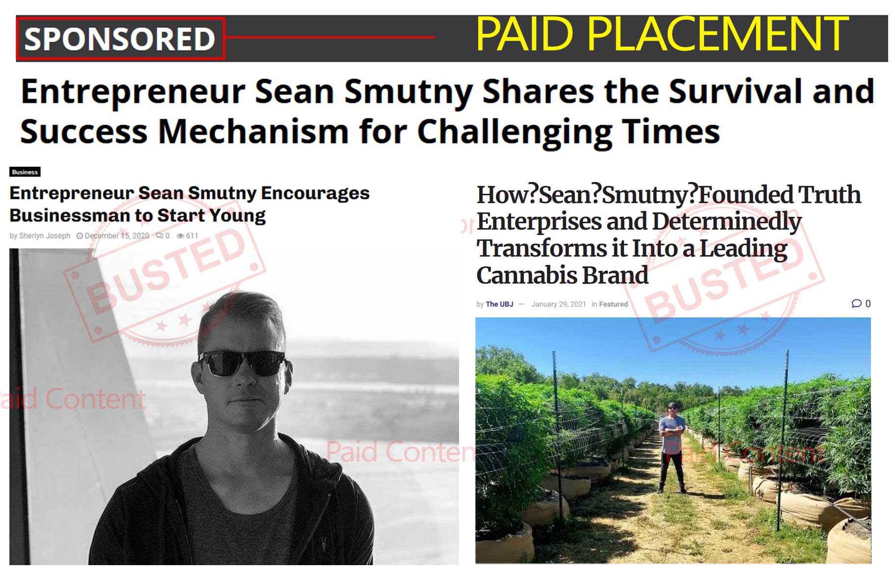 Sean Smutny, Truth Enterprises & Fake Paid Articles